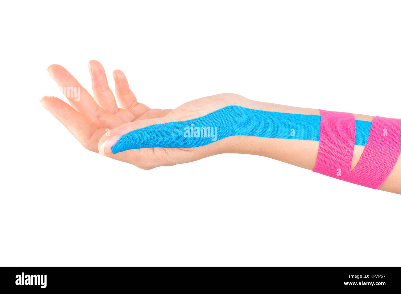 Kinesio tape on female hand isolated on white background. Chronic pain ...