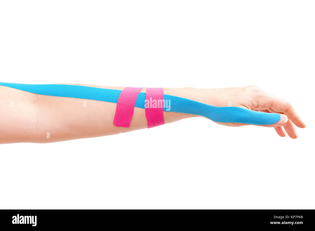 Kinesio tape on female hand isolated on white background. Chronic pain ...