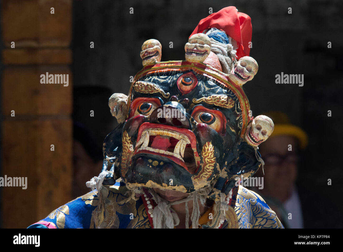 Ancient ritual Buddhist mask Palden Lhamo, blue, red eyes and mouth ...