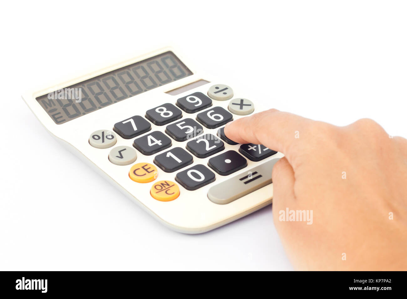 Calculator with hand isolated on white background Stock Photo - Alamy