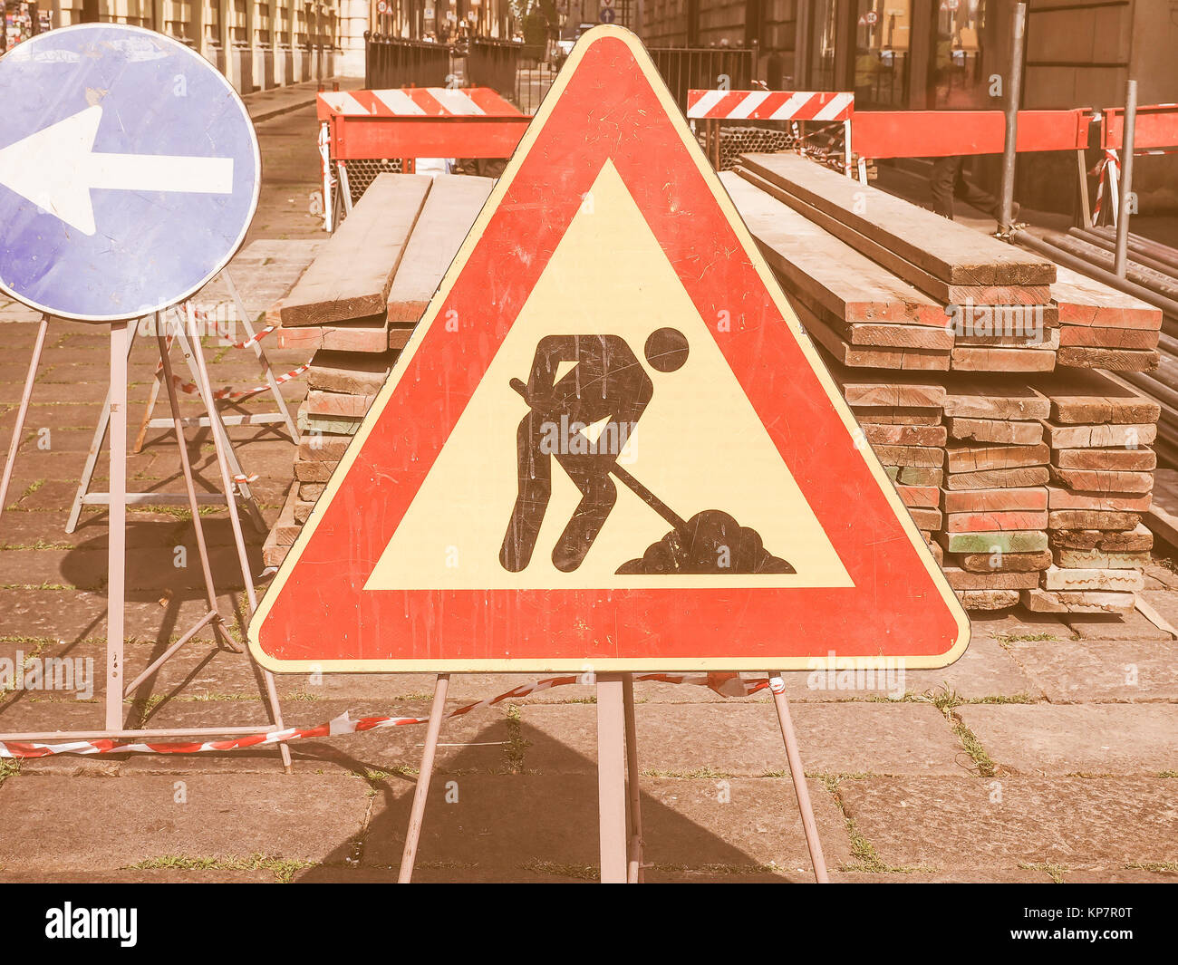Road works sign vintage Stock Photo - Alamy