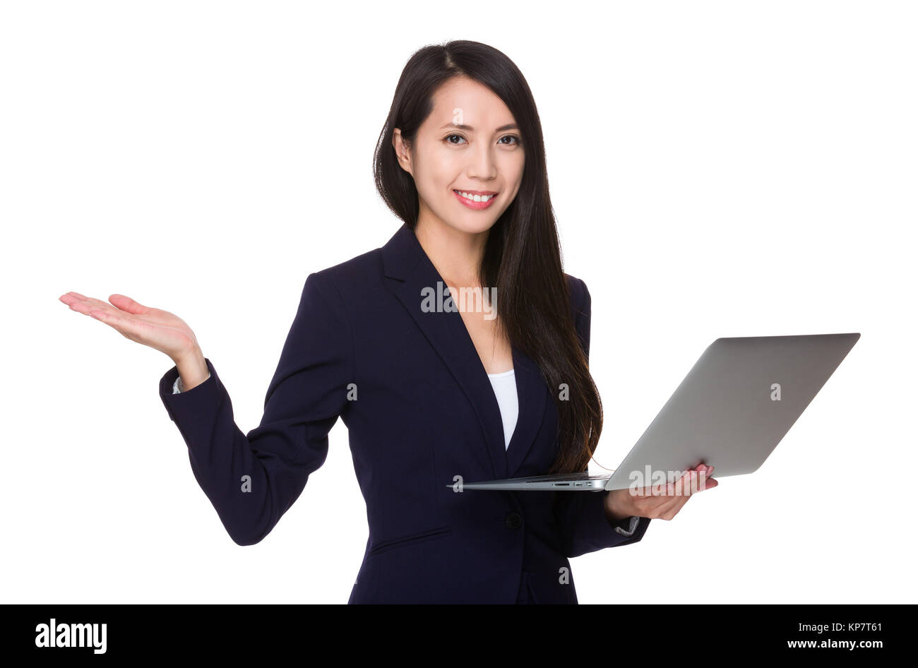 Young Businesswoman hold with laptop computer and hand showing blank ...