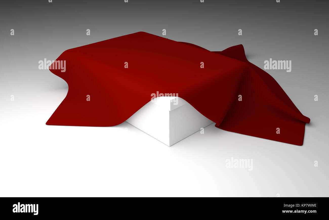 White box under a red cloth on a white table, 3d render Stock Photo - Alamy