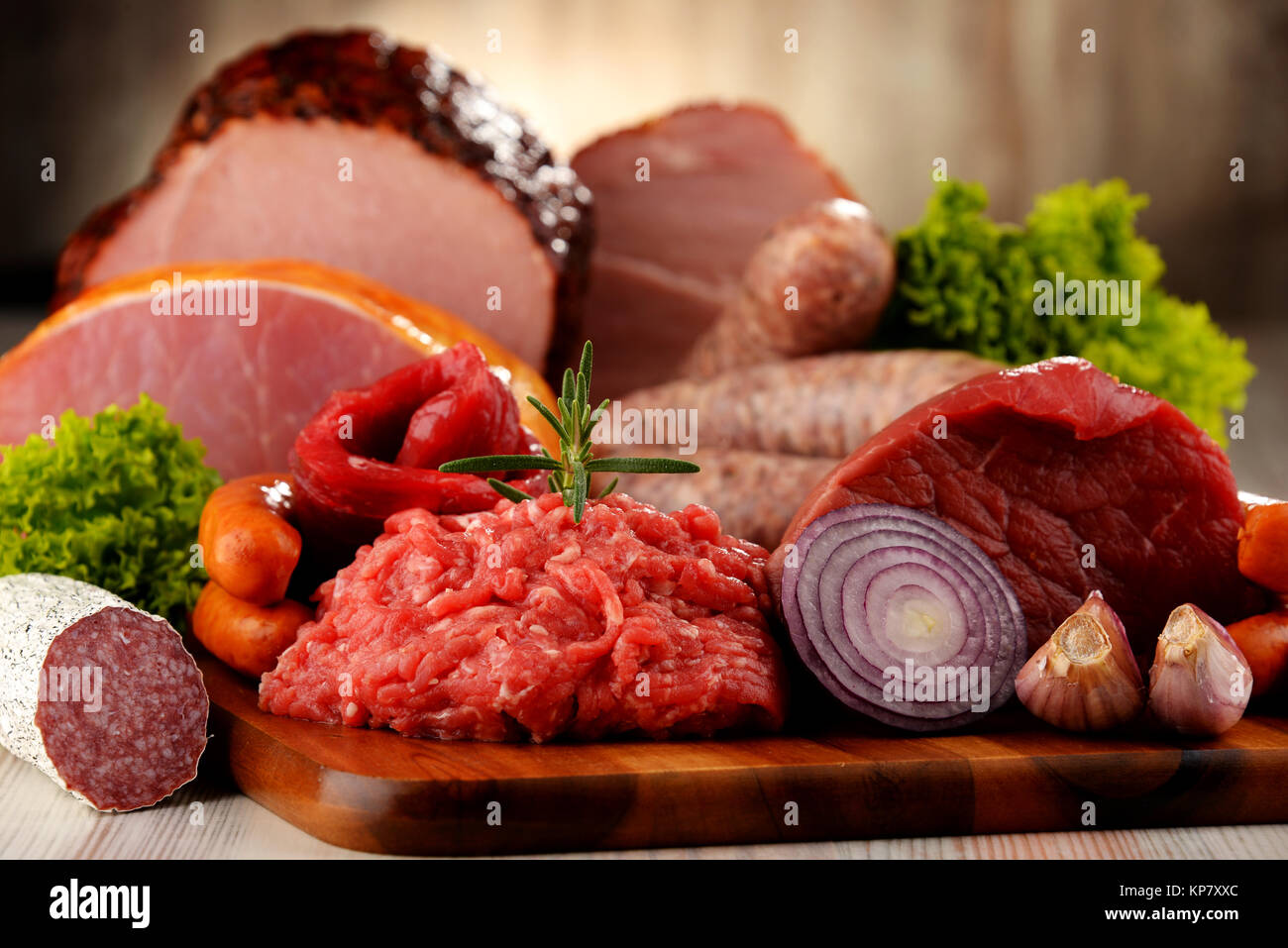 Meat products including ham and sausages Stock Photo - Alamy