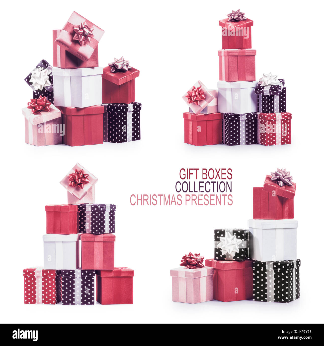 Stacked gift boxes with ribbon bow collection. Holiday present. Croup ...