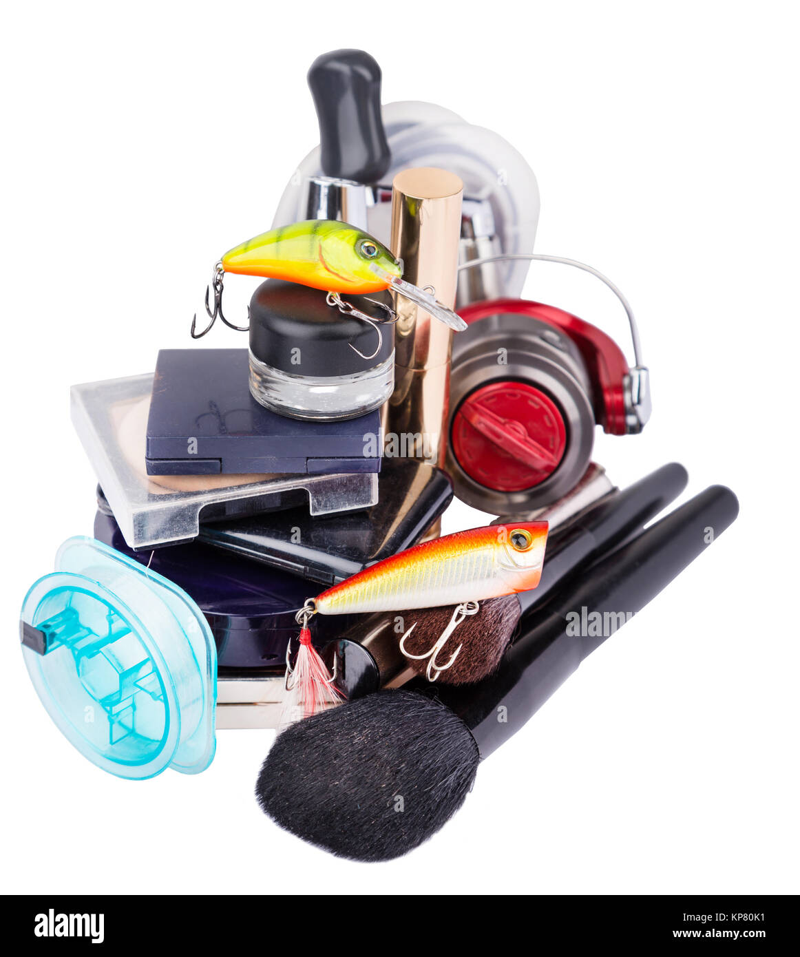 surprise woman beauty cosmetic tools and fishing tackles Stock Photo ...