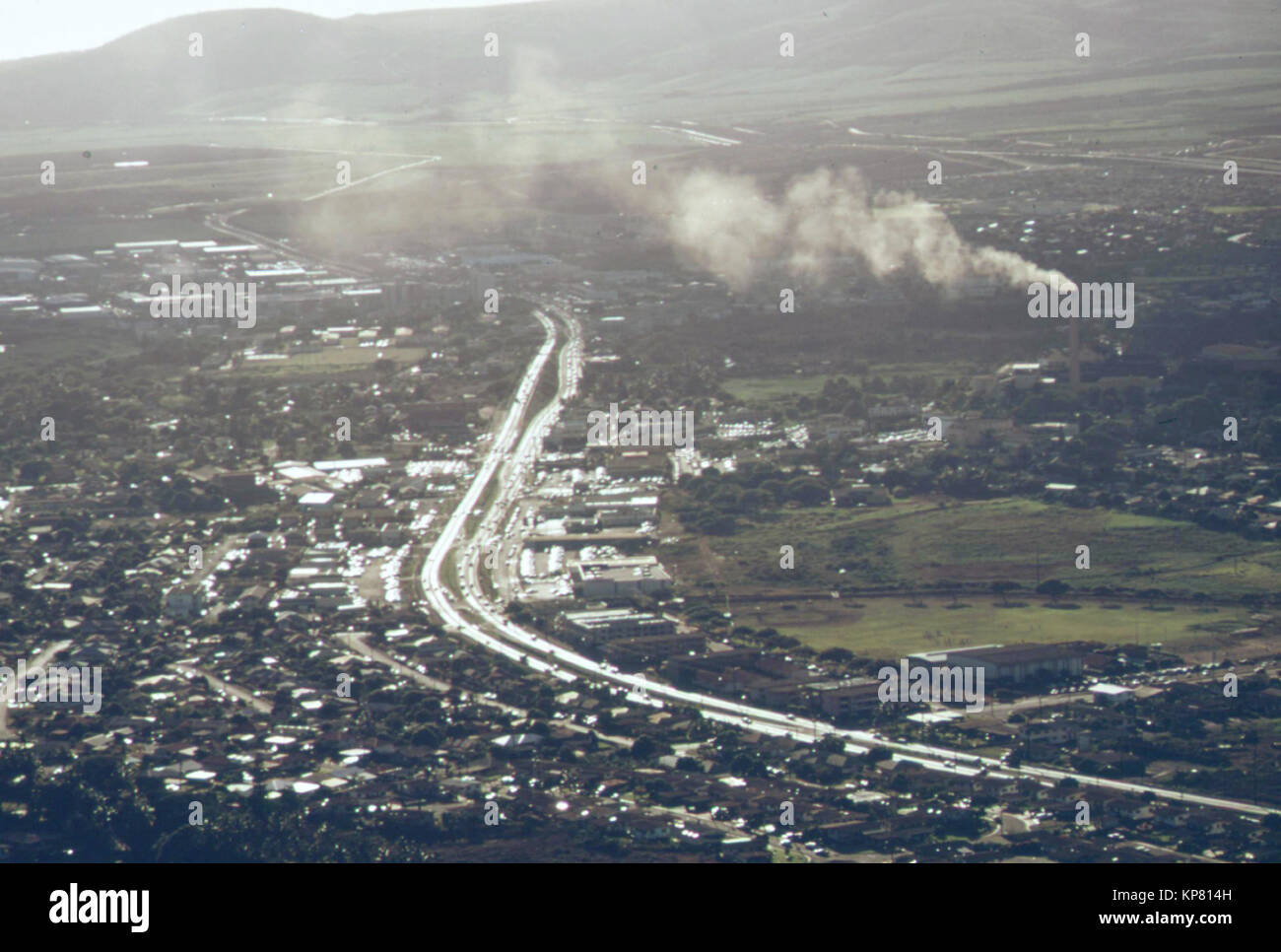 Aerial view of Hawaii H-1 Freeway which has virtually no billboards ...