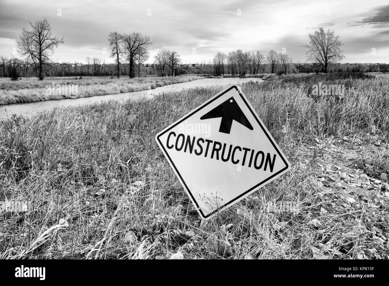 Construction Sign by River Stock Photo - Alamy