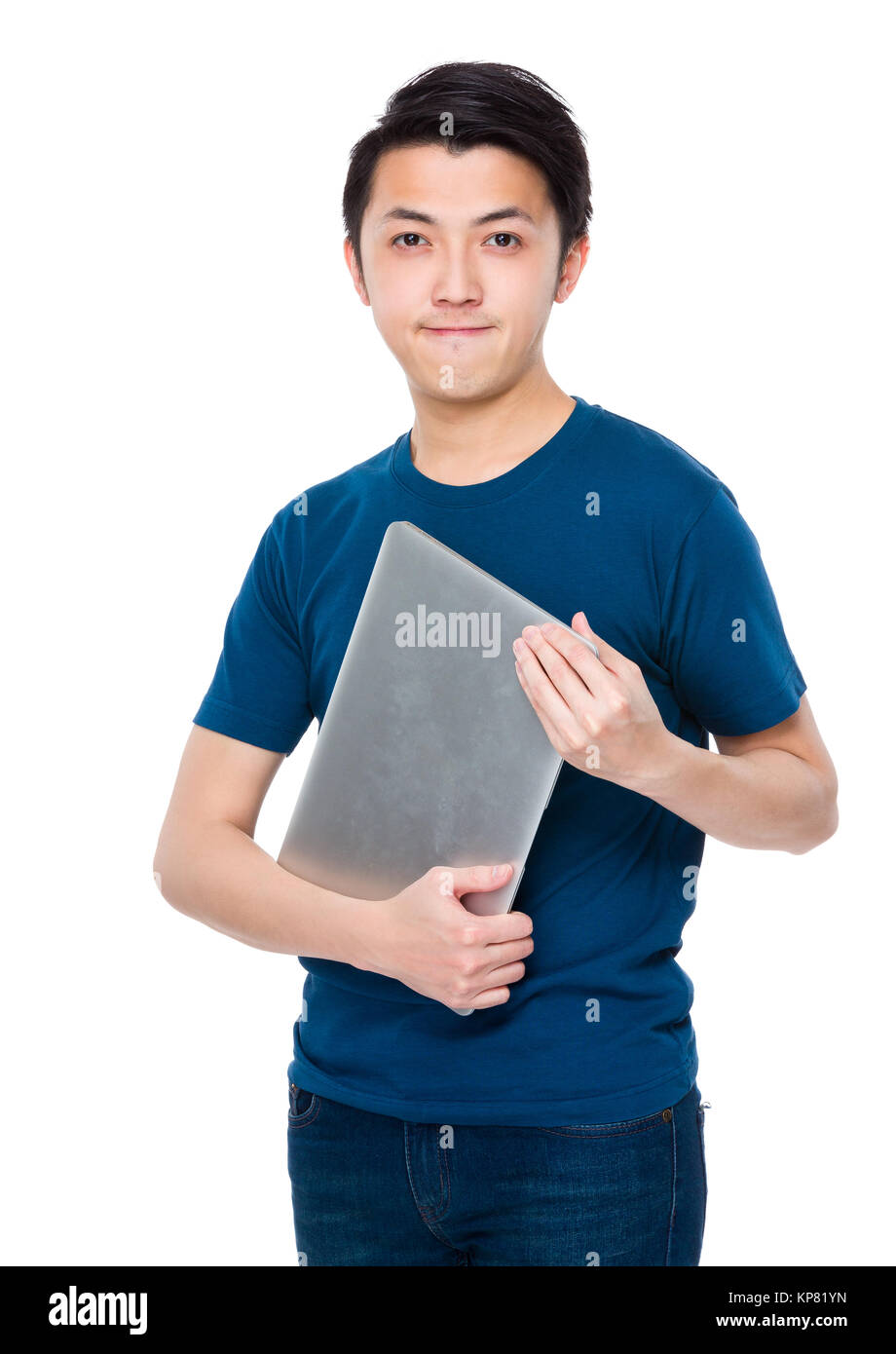 Man hold with laptop computer Stock Photo - Alamy