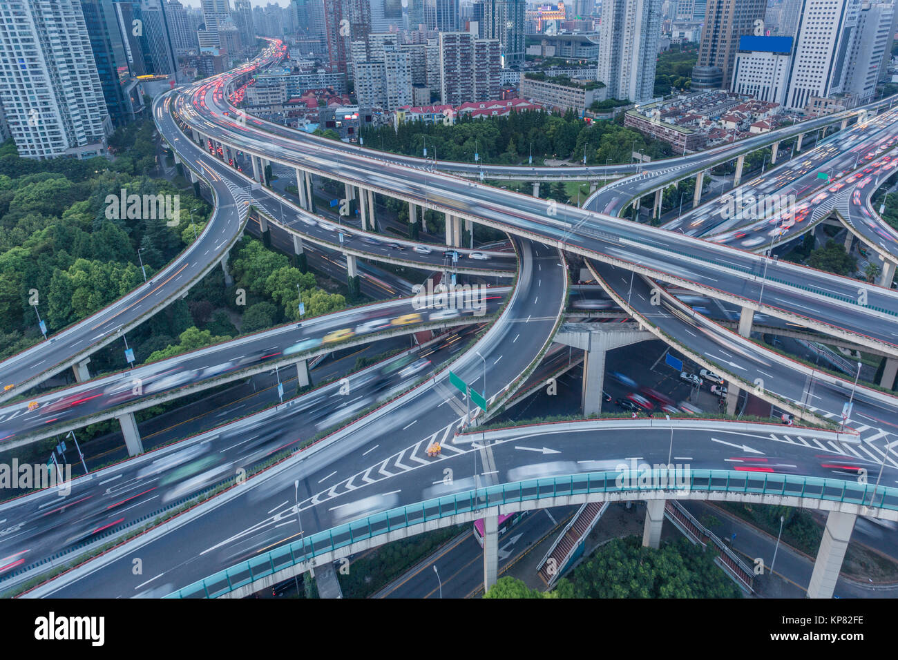 High-angle view of Shanghai Highway with skyscrapers in background ...