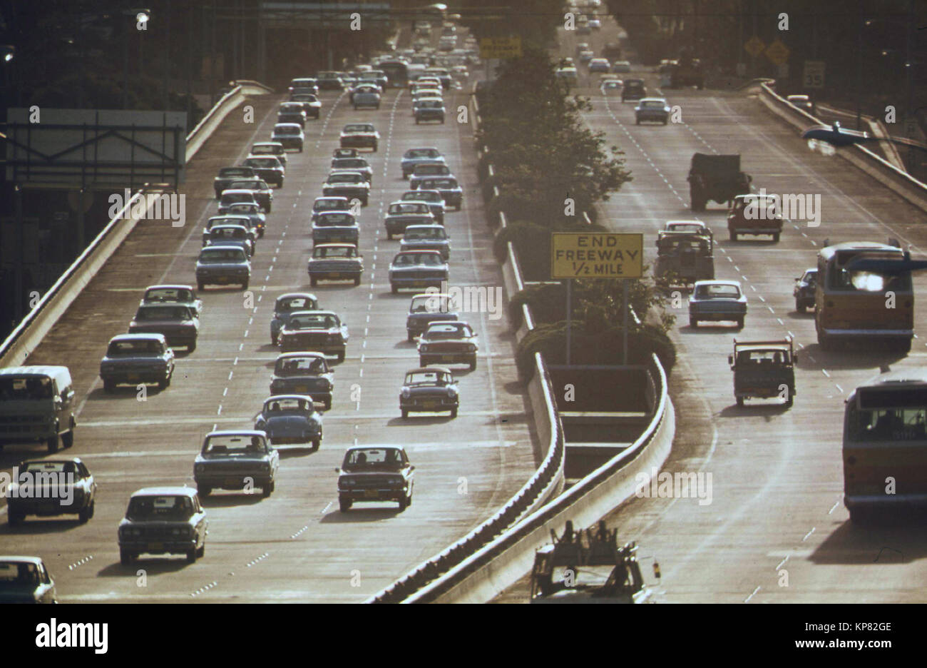 Cars and trucks in traffic on the H-1 Freeway in October, 1973 Stock ...