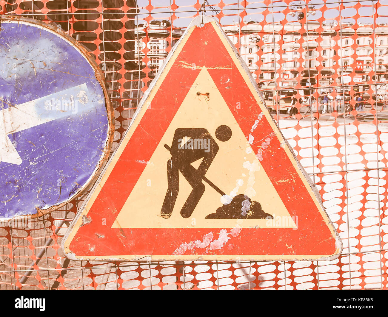 Work in progress sign at building site vintage Stock Photo - Alamy
