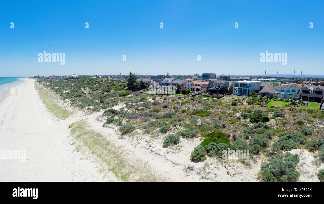 Drone aerial view of wide open white sandy beach, taken at Tennyson ...