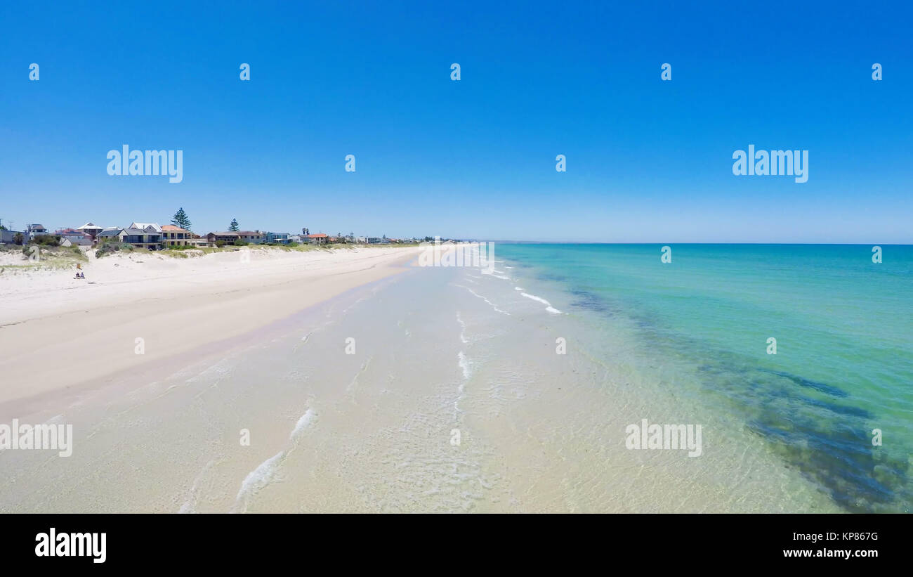 Drone aerial view of wide open white sandy beach, taken at Tennyson ...