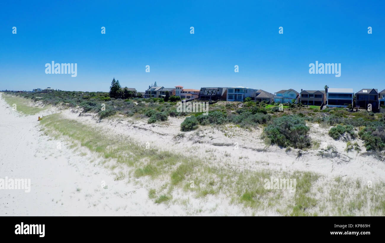 Drone aerial view of wide open white sandy beach, taken at Tennyson ...