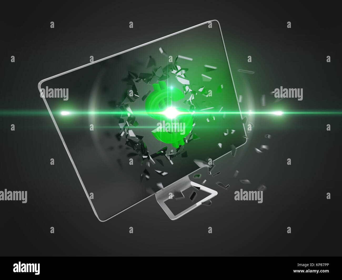 Green dollar sign destroy computer screen Stock Photo - Alamy