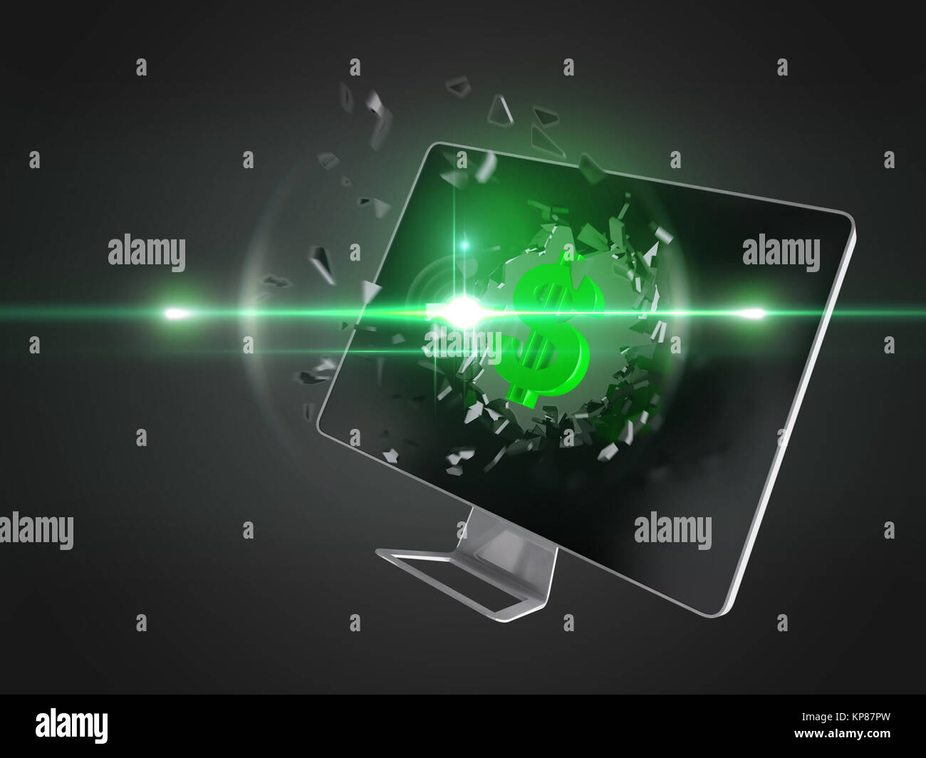 Green dollar sign destroy computer screen Stock Photo - Alamy