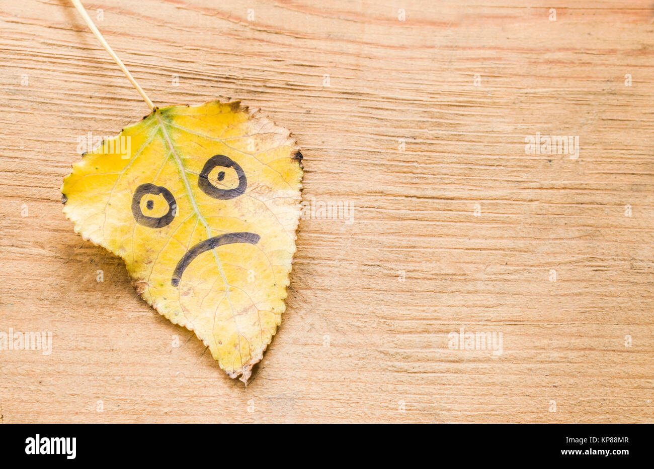 Yellow leaf with a picture of a sad face on an old wooden background ...
