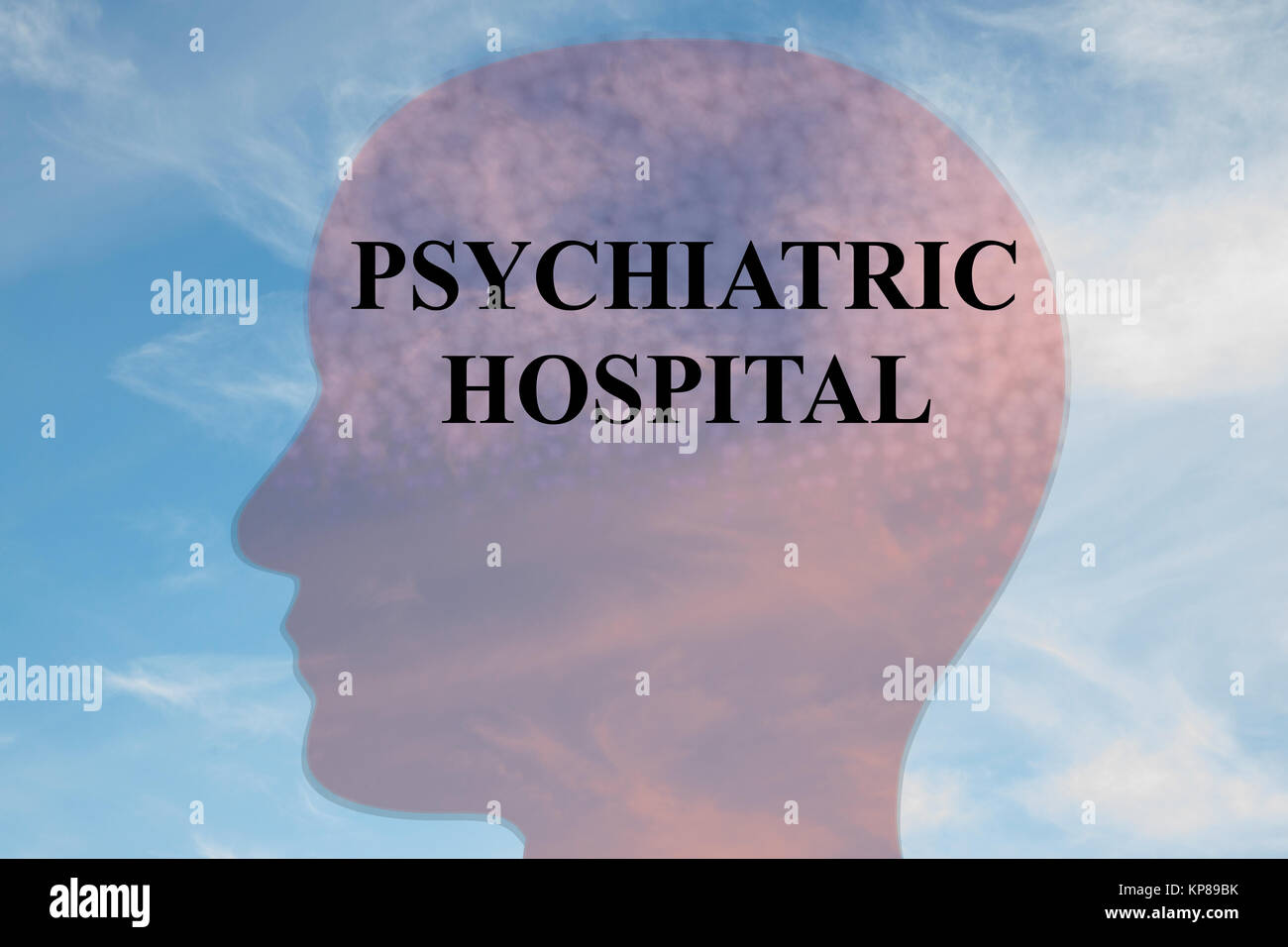 Render illustration of "PSYCHIATRIC HOSPITAL" title on head silhouette ...