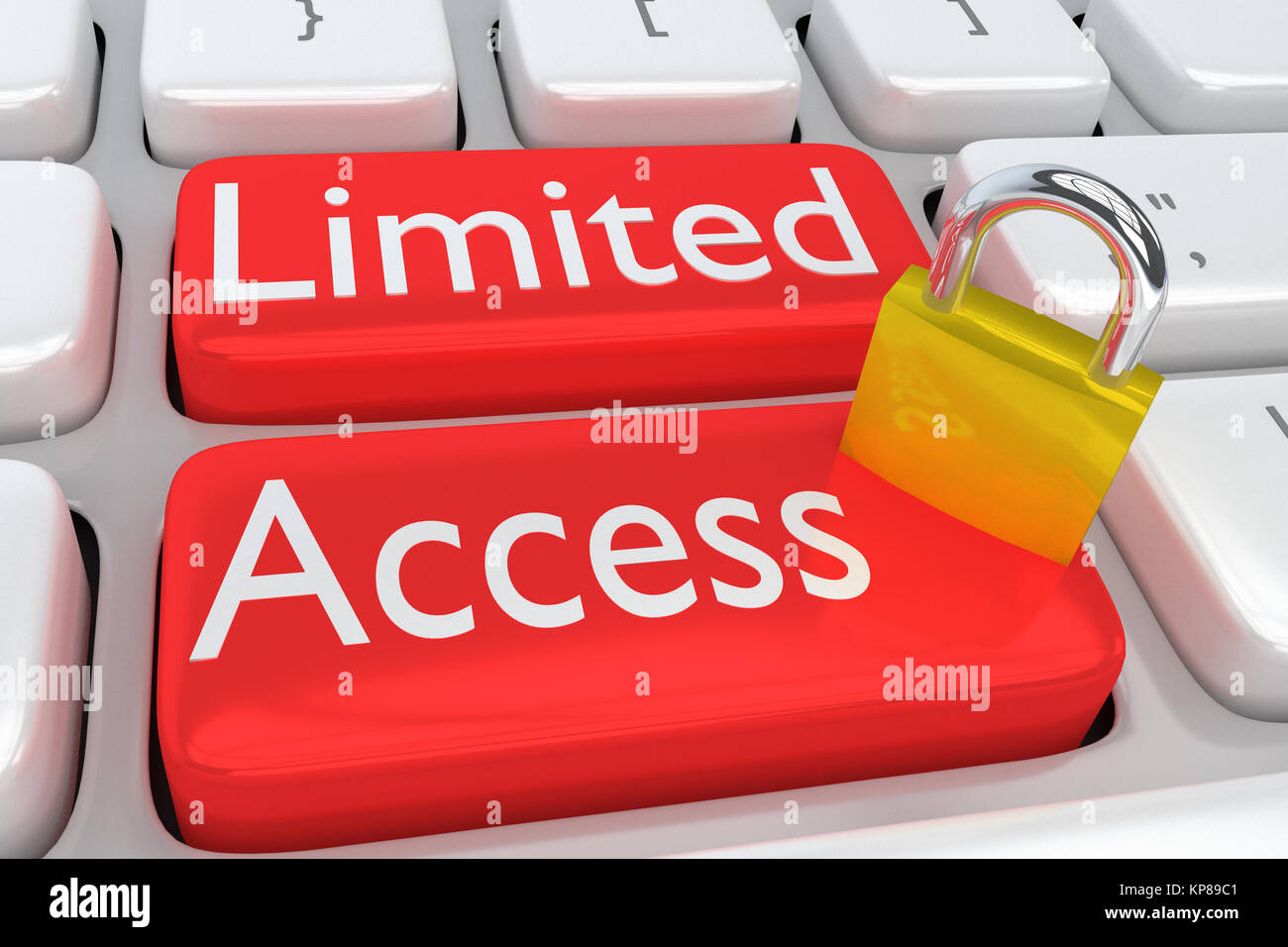 3D illustration of computer keyboard with the print "Limited Access" on two adjacent red buttons ...