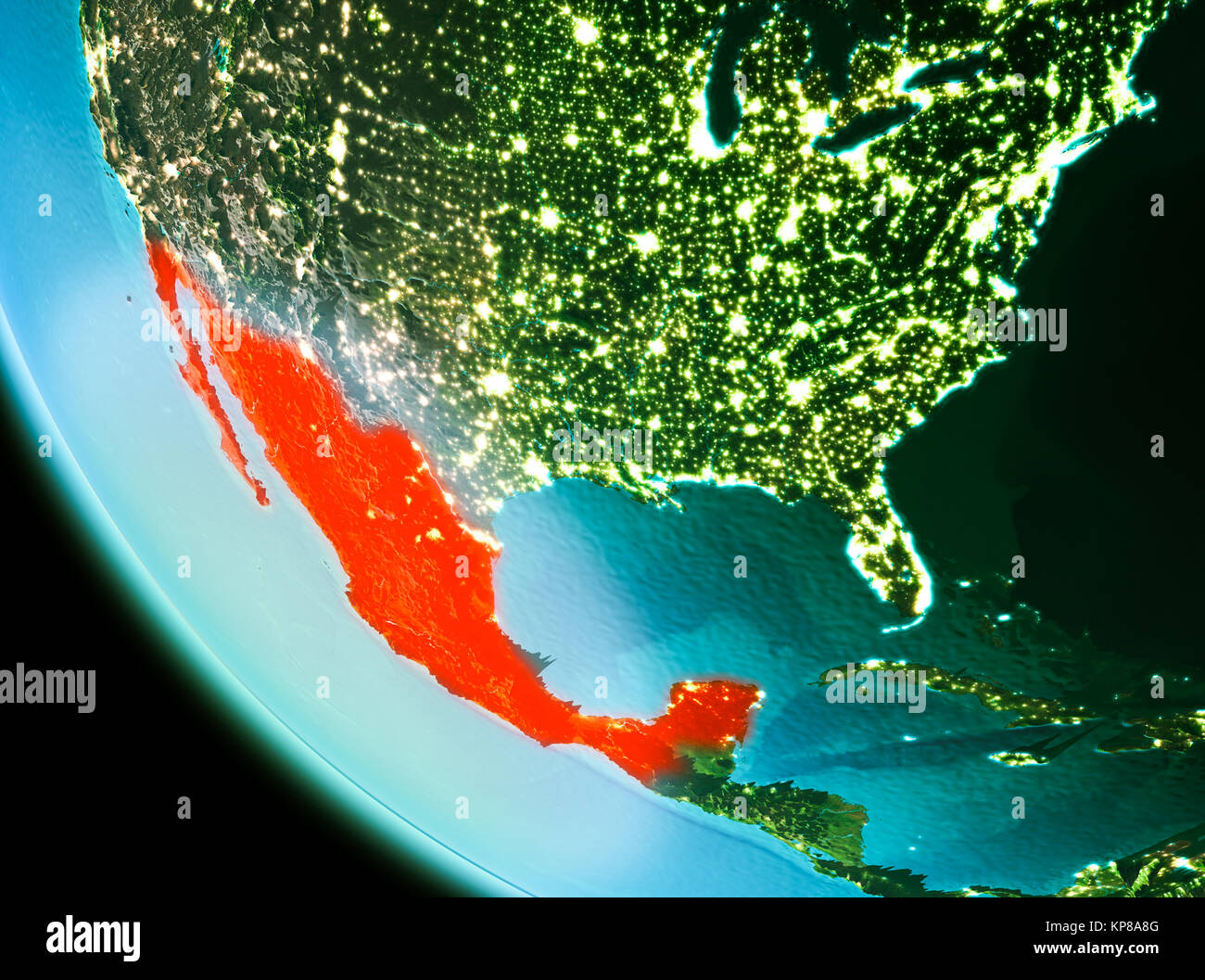 Country of Mexico in red on planet Earth in the evening. 3D ...