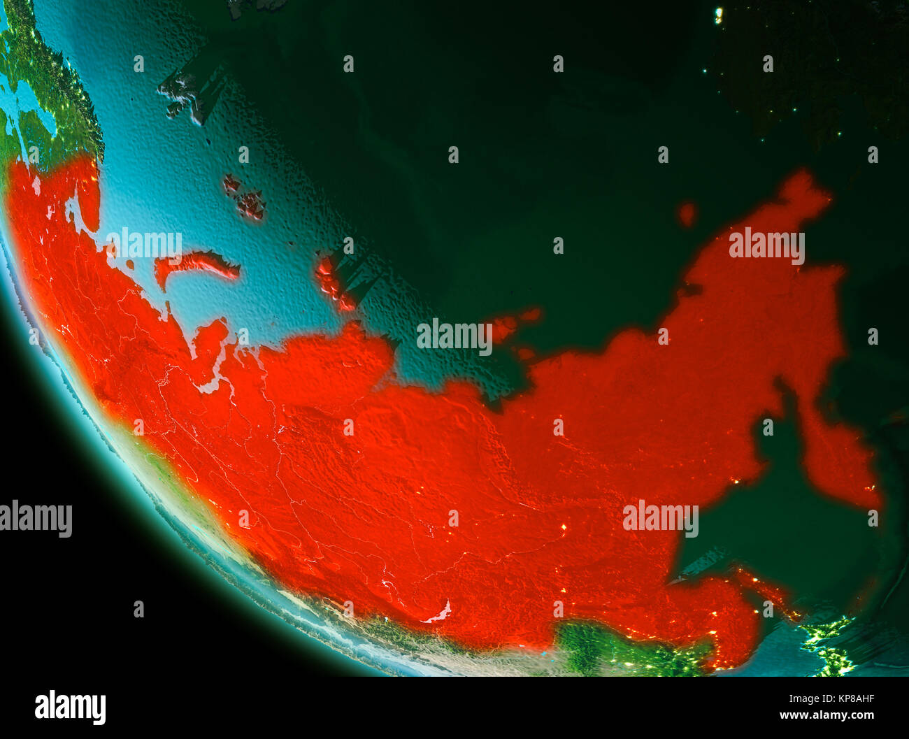 Country of Russia in red on planet Earth in the evening. 3D ...