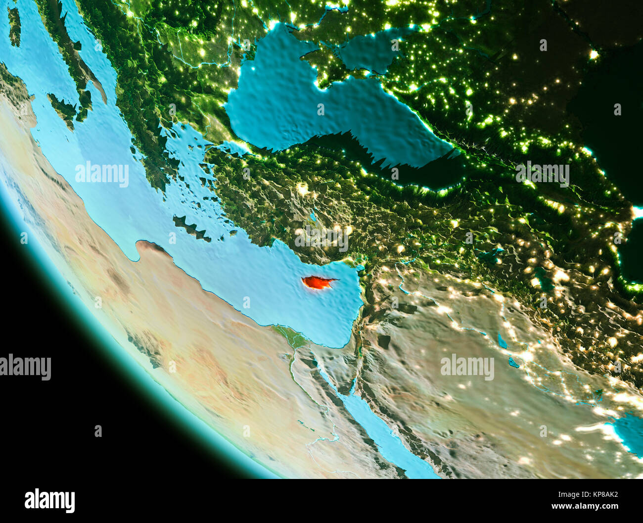 Country of Cyprus in red on planet Earth in the evening. 3D ...