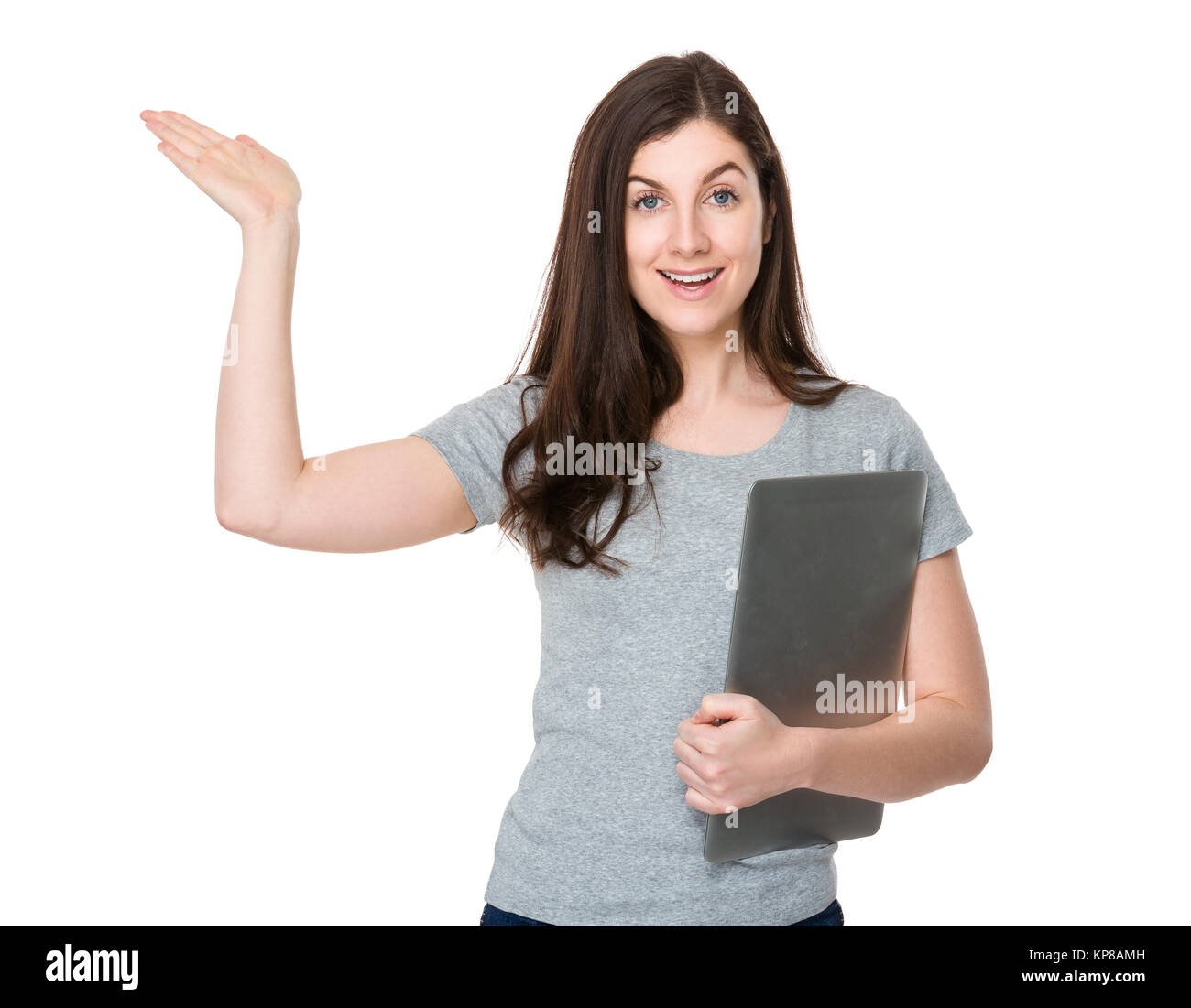 Woman hold with laptop computer and open hand palm Stock Photo - Alamy
