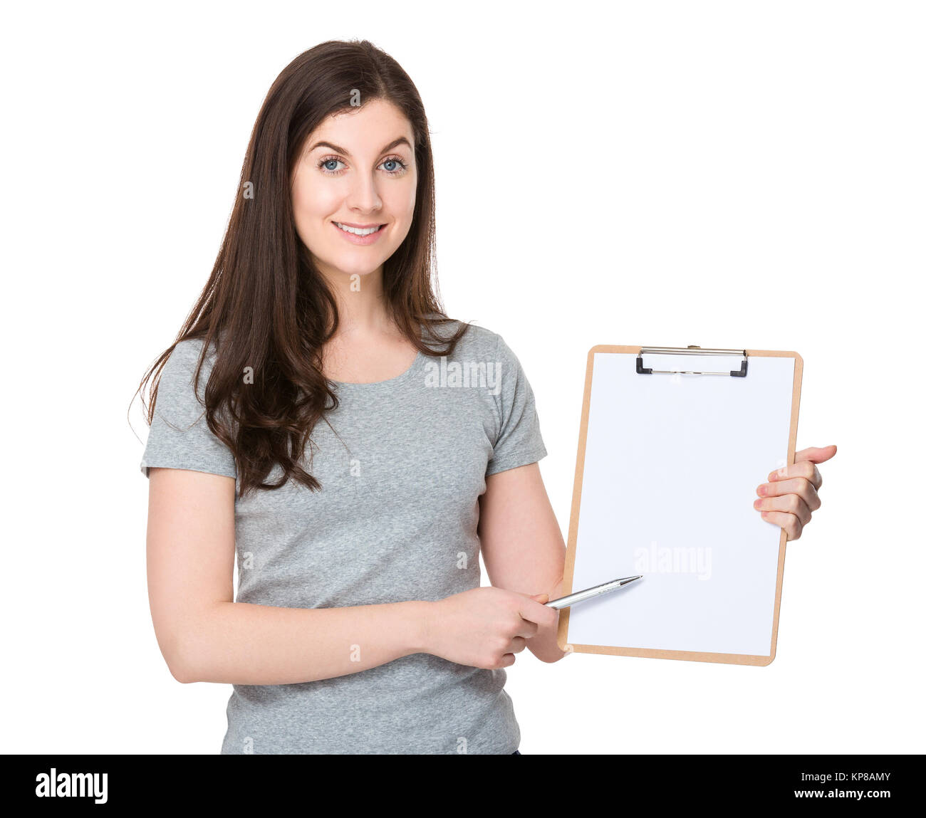 Woman show with the clipboard Stock Photo - Alamy