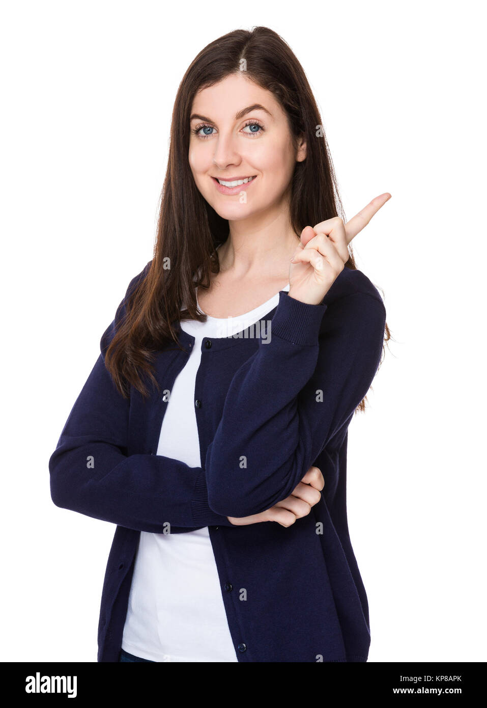 Woman think of idea with finger showing up Stock Photo - Alamy