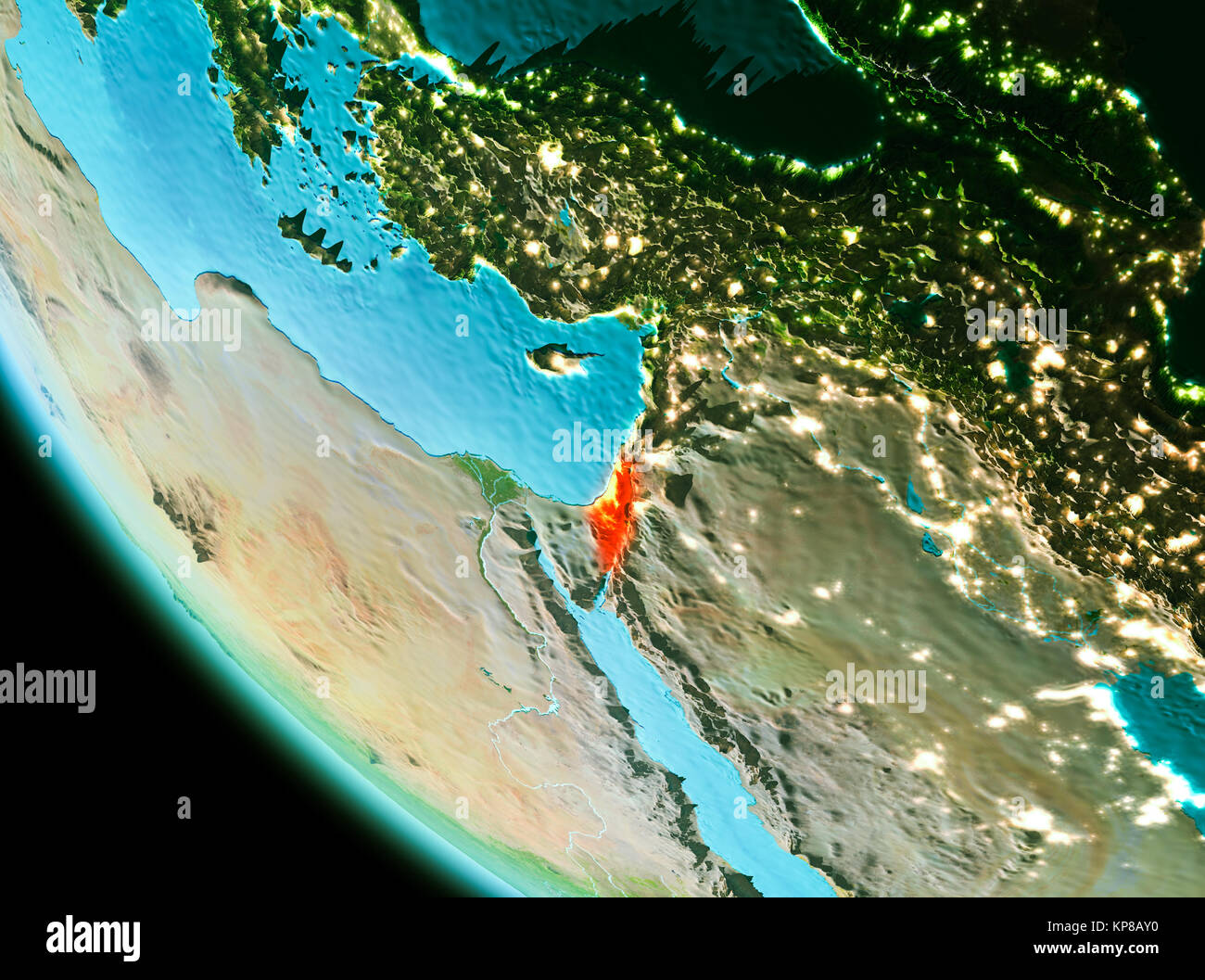 Country of Israel in red on planet Earth in the evening. 3D ...