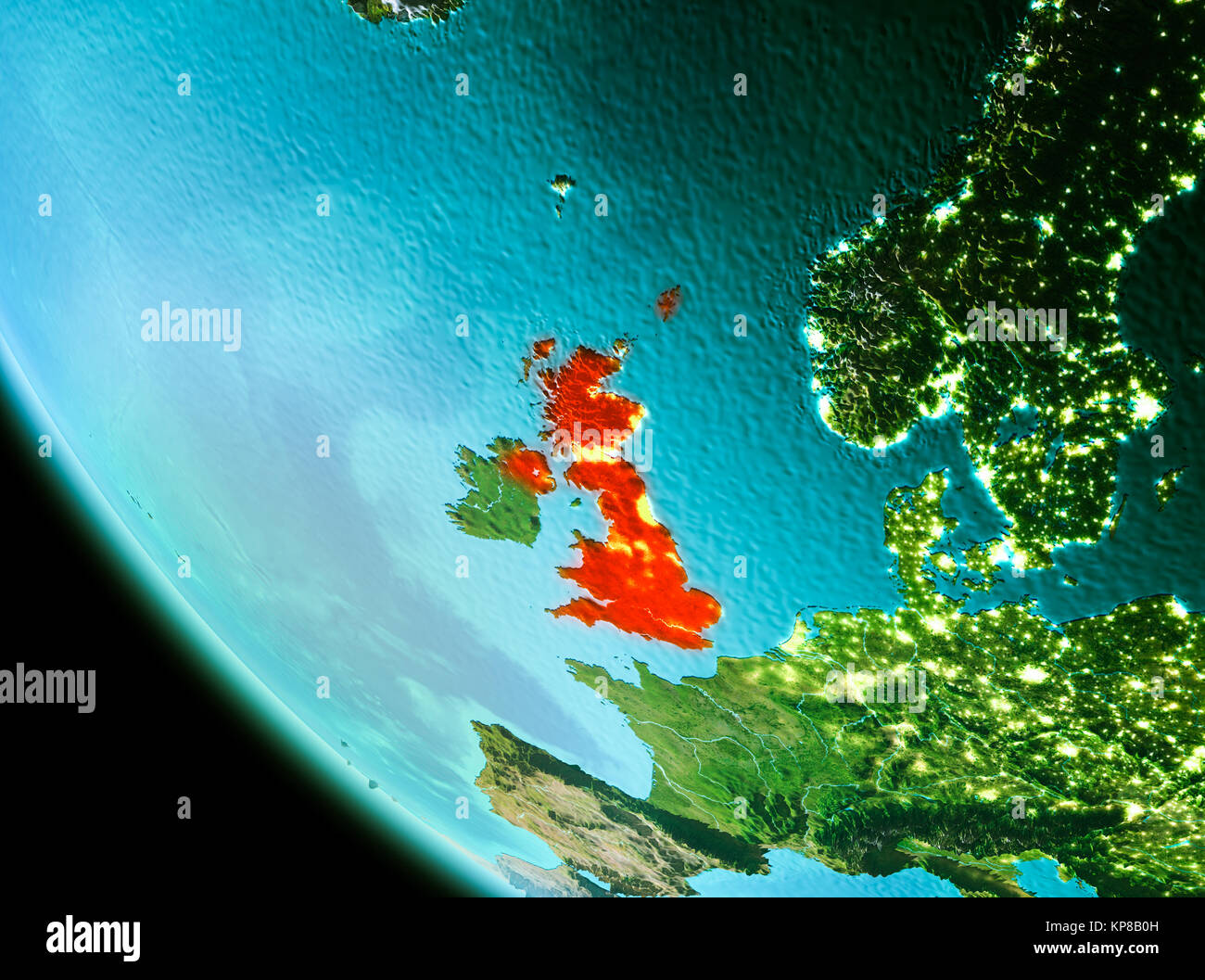 Country of United Kingdom in red on planet Earth in the evening. 3D ...
