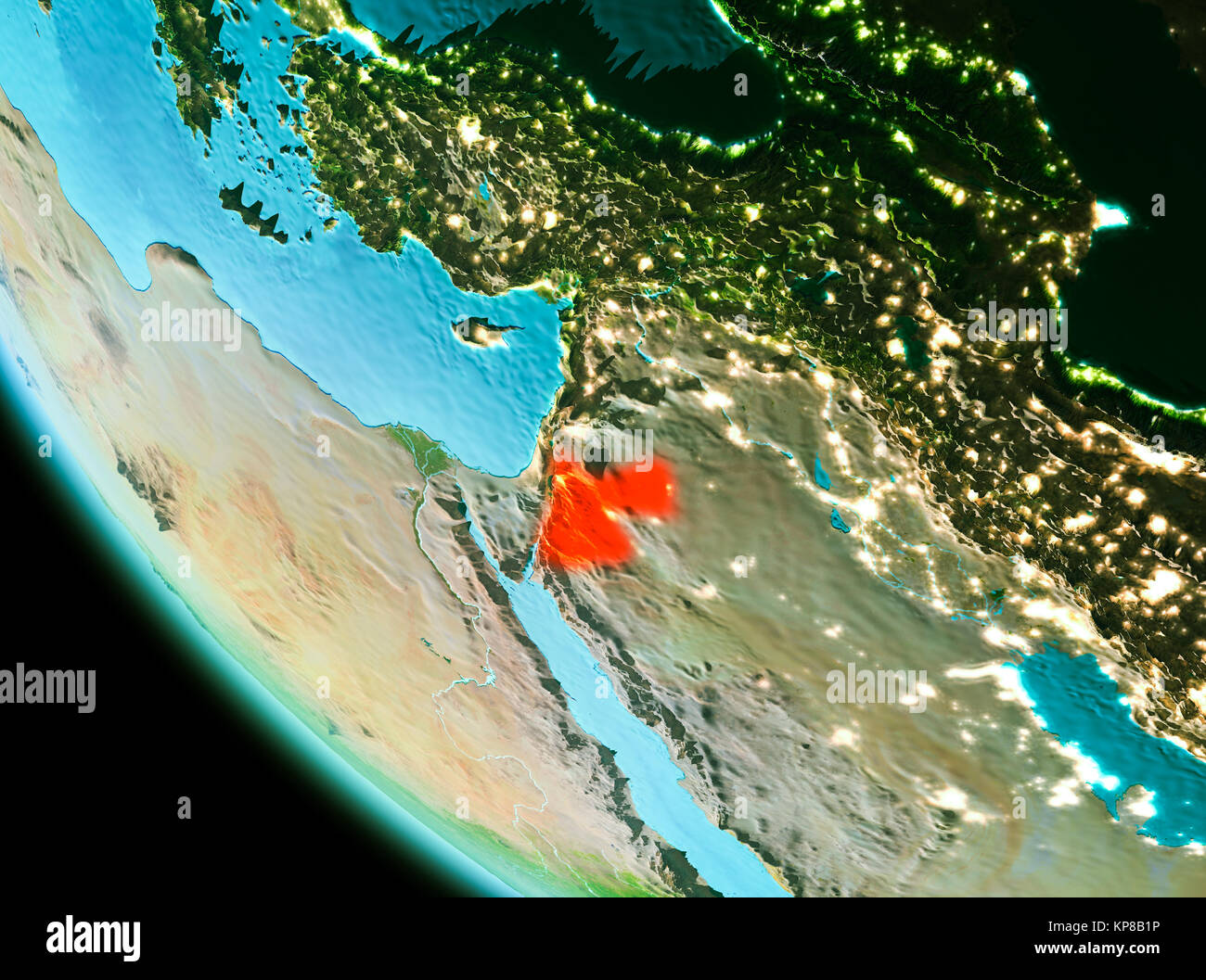 Country of Jordan in red on planet Earth in the evening. 3D ...