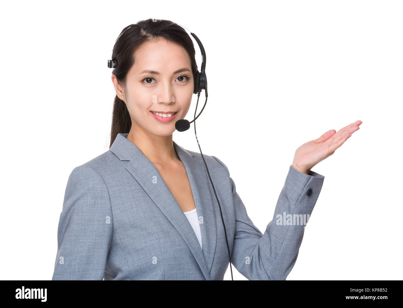 Customer services representative with open hand palm Stock Photo - Alamy