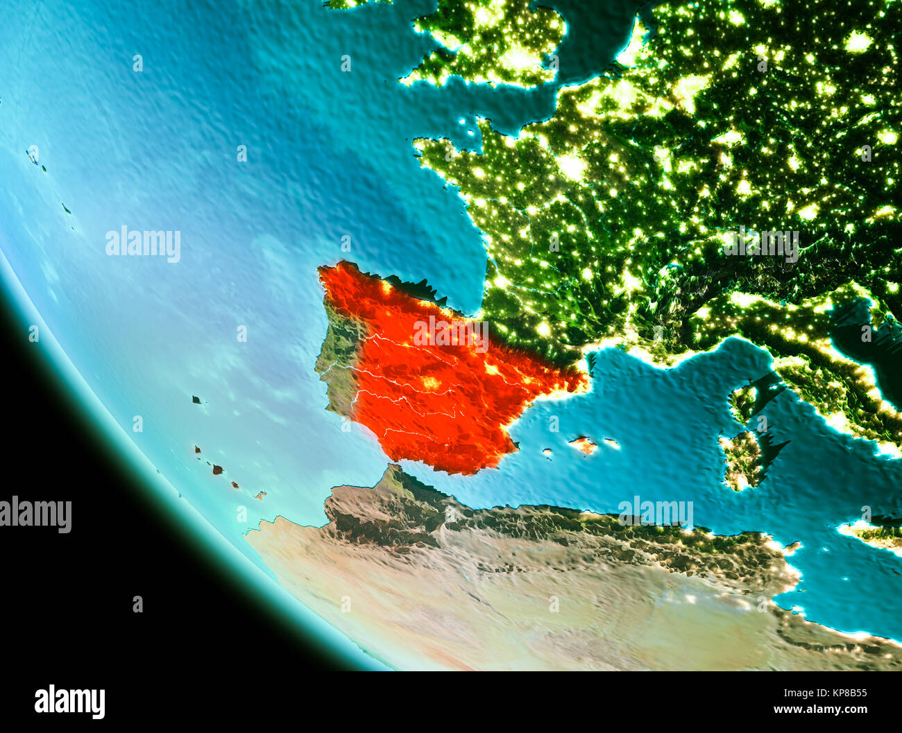 Country of Spain in red on planet Earth in the evening. 3D illustration ...