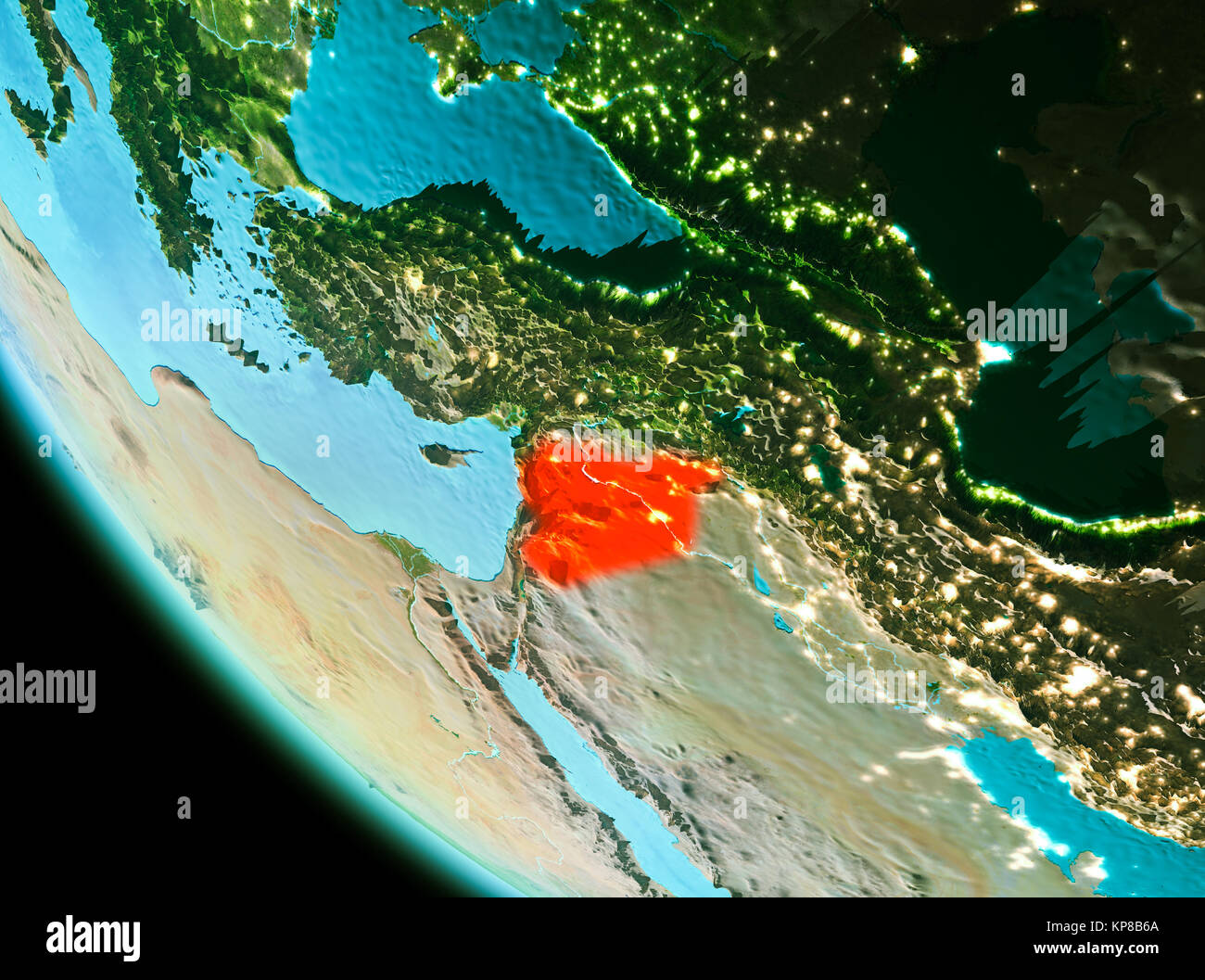 Country of Syria in red on planet Earth in the evening. 3D illustration ...