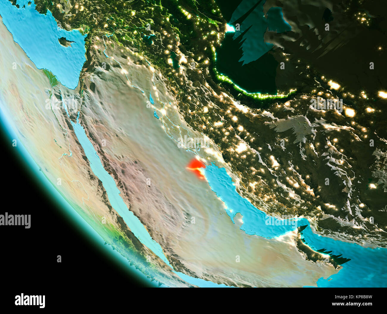 Country of Kuwait in red on planet Earth in the evening. 3D ...