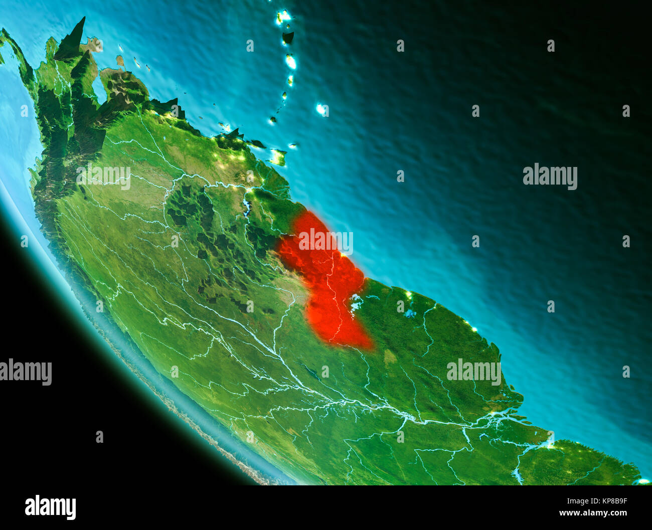 Country of Guyana in red on planet Earth in the evening. 3D ...
