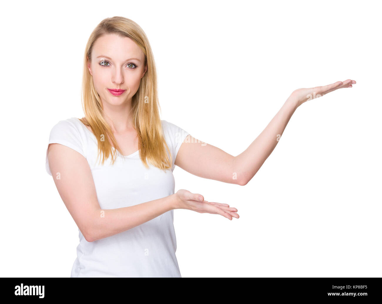 Caucasian young woman with open hand palm Stock Photo - Alamy