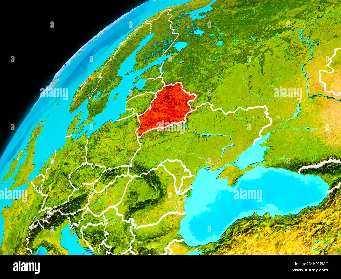 Orbit view of Belarus highlighted in red with visible borderlines on planet Earth. 3D ...