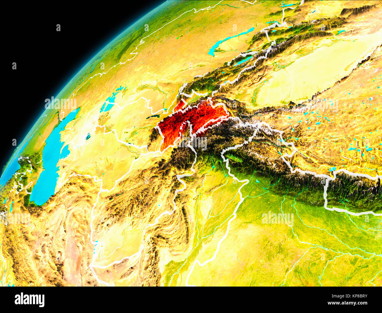 Orbit view of Tajikistan highlighted in red with visible borderlines on planet Earth. 3D ...