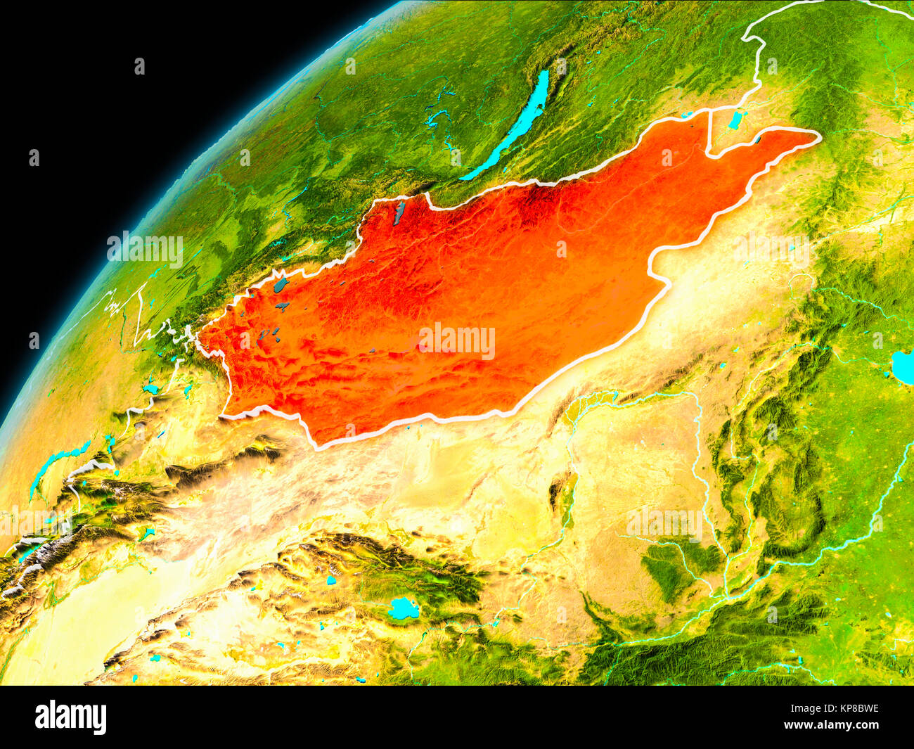 Orbit view of Mongolia highlighted in red with visible borderlines on planet Earth. 3D ...