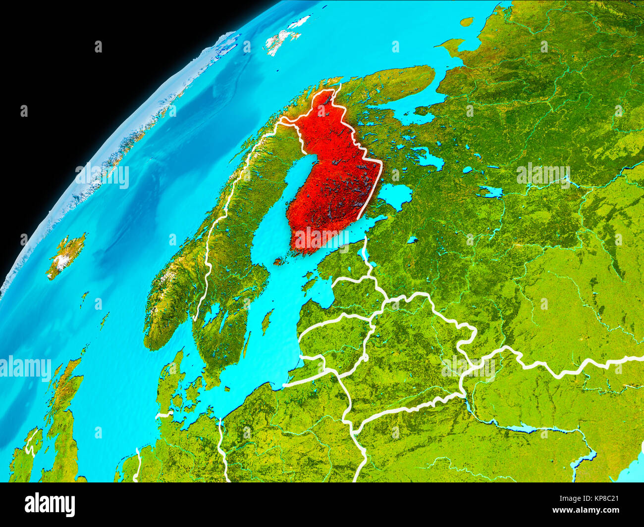 Orbit view of Finland highlighted in red with visible borderlines on planet Earth. 3D ...
