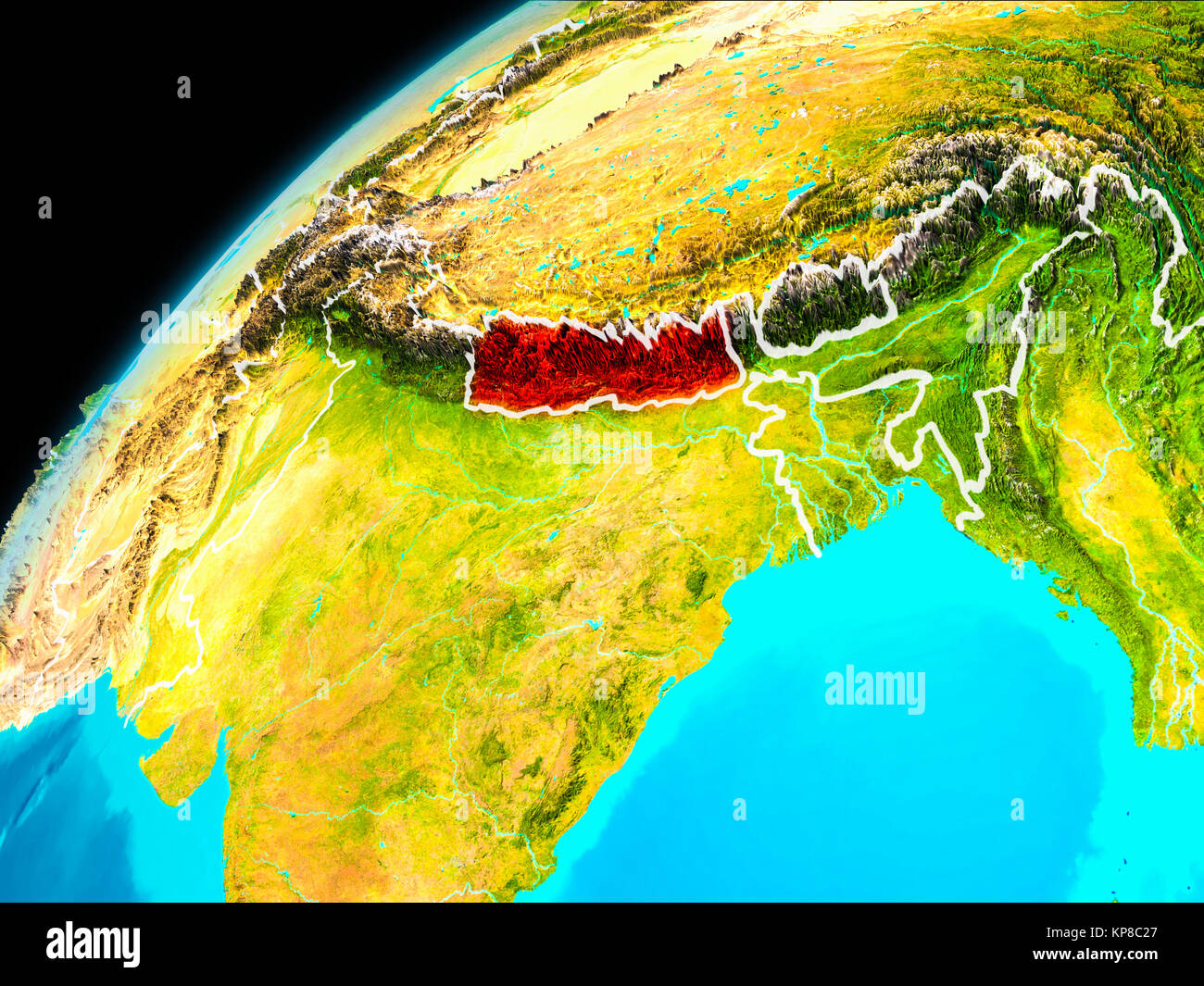 Orbit view of Nepal highlighted in red with visible borderlines on ...