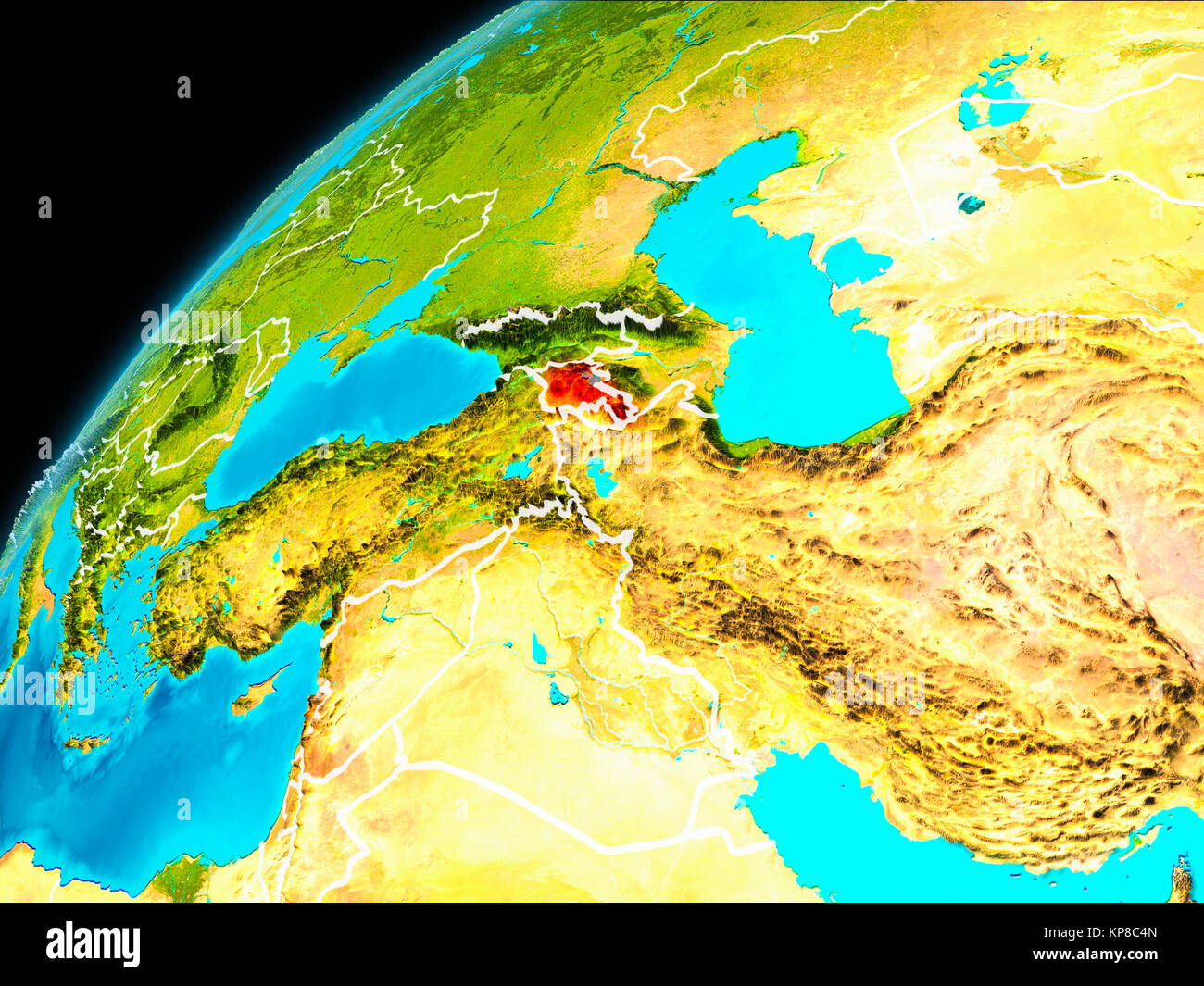 Orbit view of Armenia highlighted in red with visible borderlines on planet Earth. 3D ...