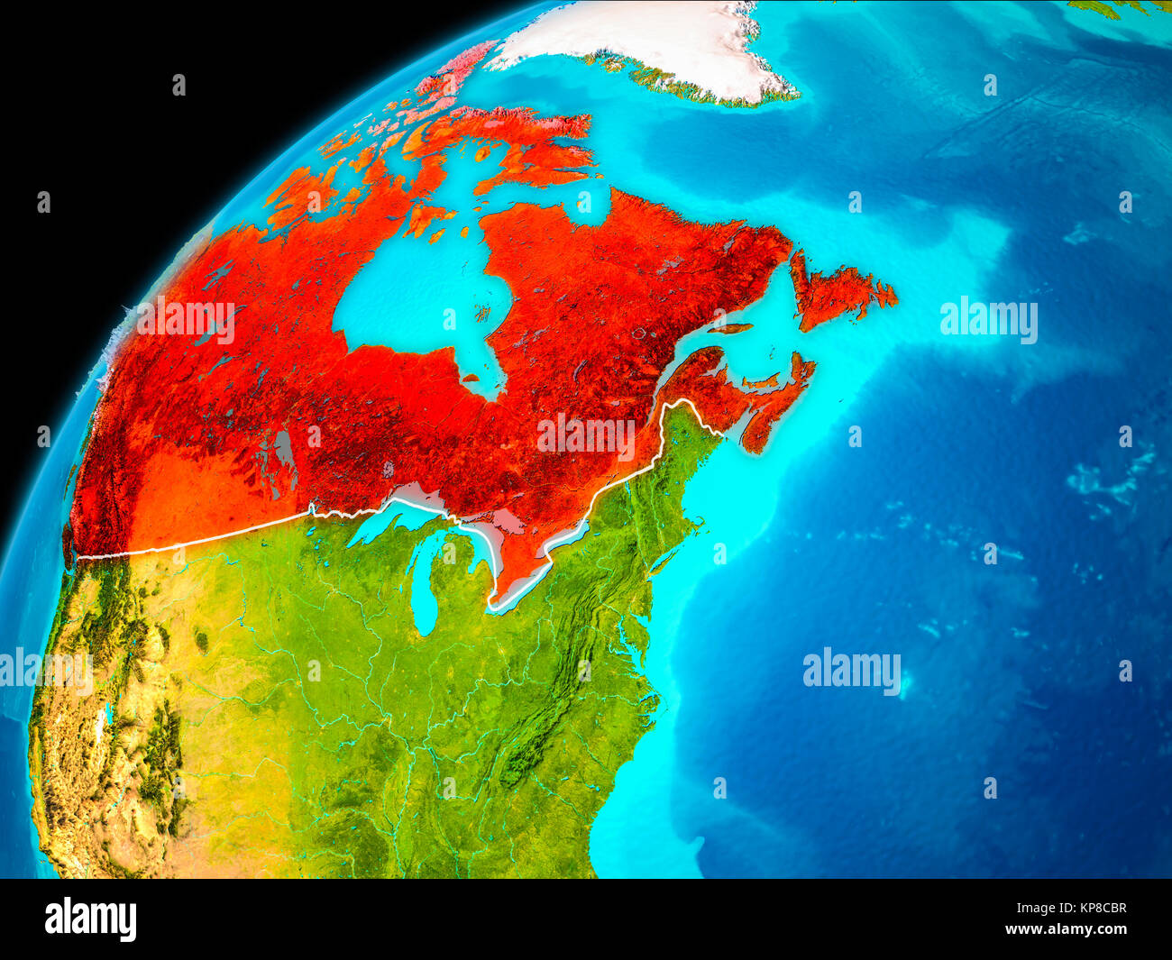 Orbit view of Canada highlighted in red with visible borderlines on ...
