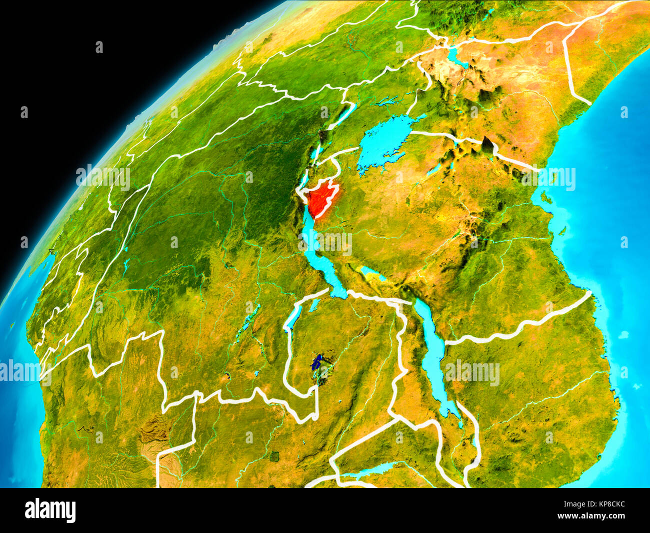 Orbit view of Burundi highlighted in red with visible borderlines on planet Earth. 3D ...