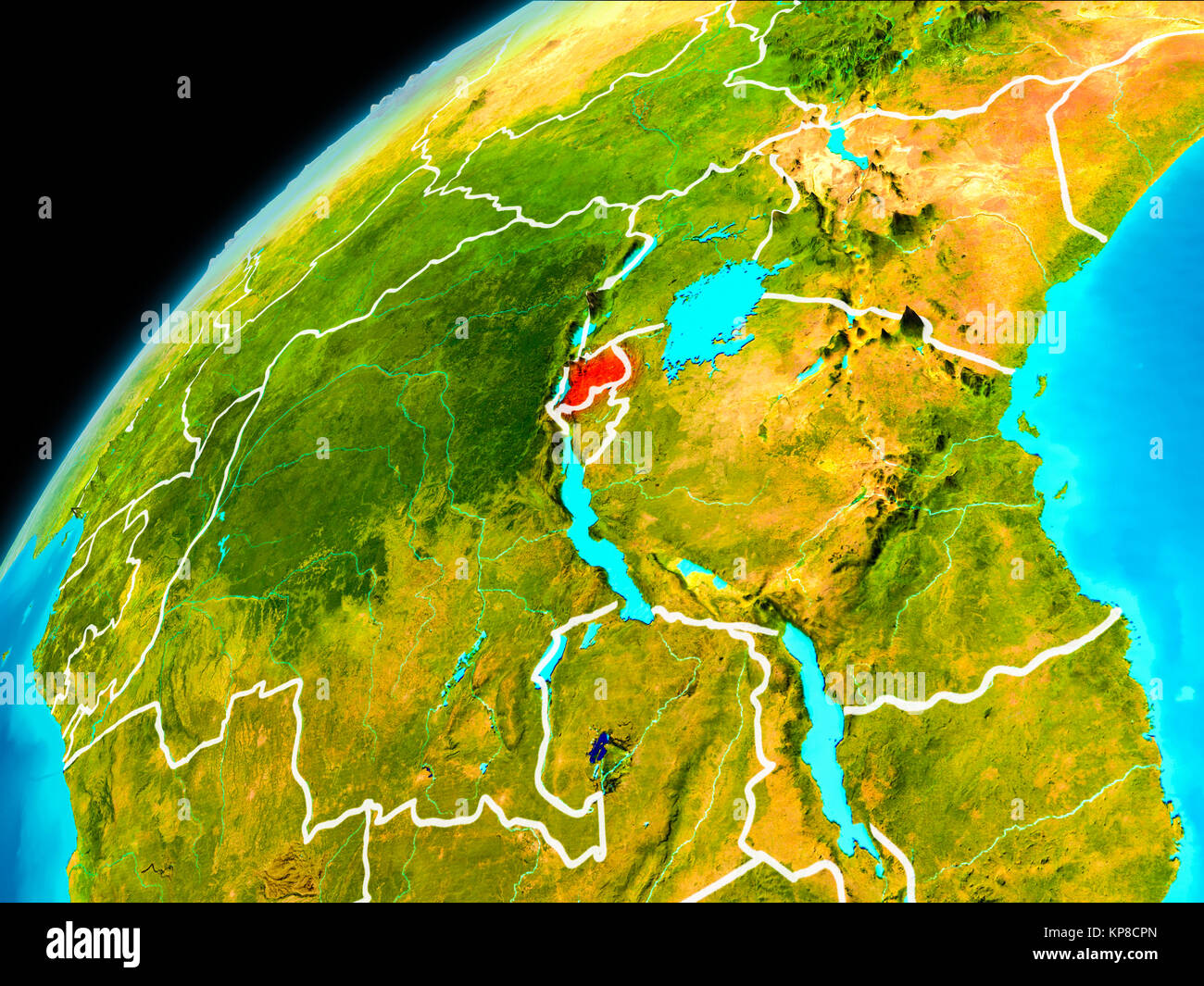 Orbit view of Rwanda highlighted in red with visible borderlines on planet Earth. 3D ...