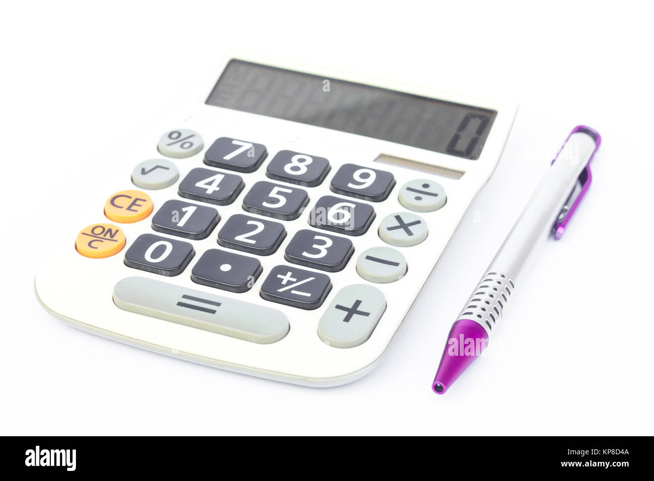 Calculator with pen isolated on white background Stock Photo - Alamy