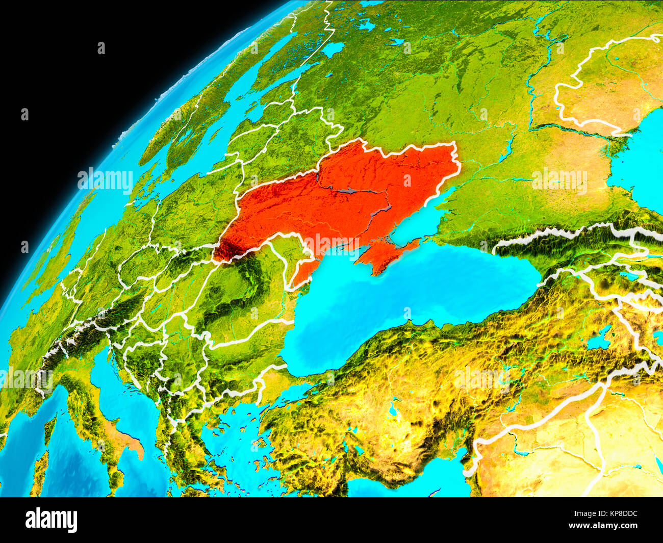 Orbit view of Ukraine highlighted in red with visible borderlines on ...